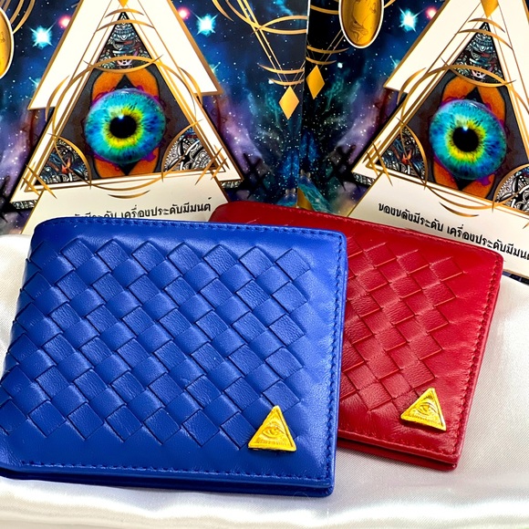 Bags | Genius Leather Wallet With Pyramid Logo In Blue | Poshmark